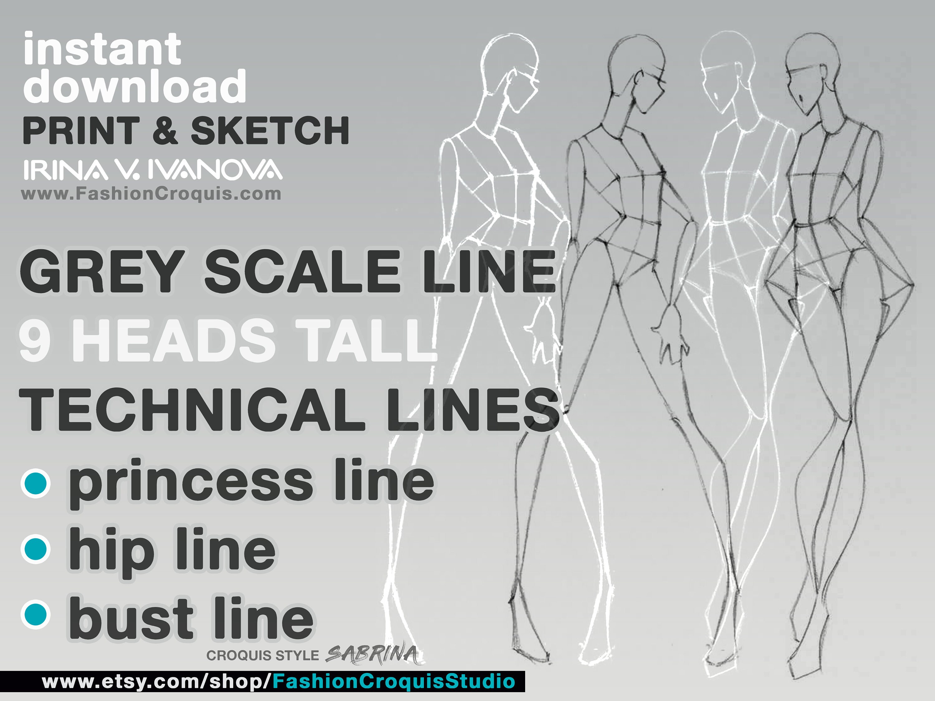 Downloadable Printable Croquis for Fashion Illustration: 9-head Fashion ...