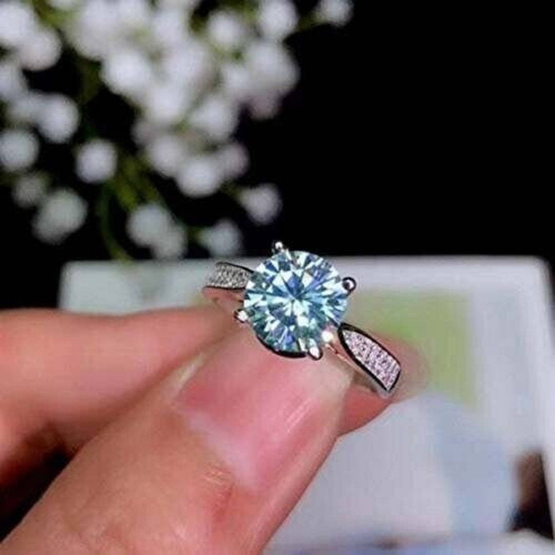 2.50 Ct Blue Diamond Ring Round Cut Engagement Ring Great Luster ...