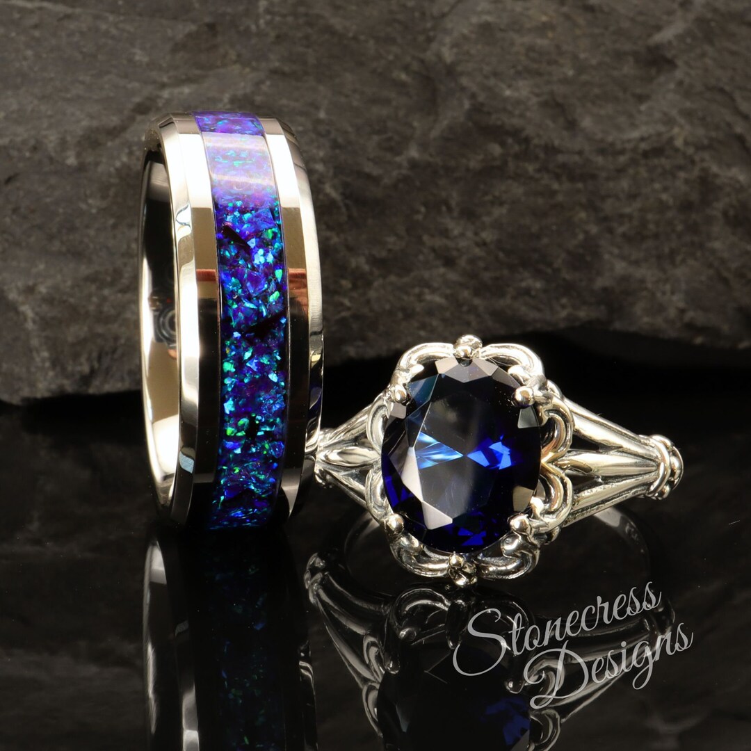 Couples Ring Set, His and Hers Rings, Matching Rings, Blue Stone - Etsy