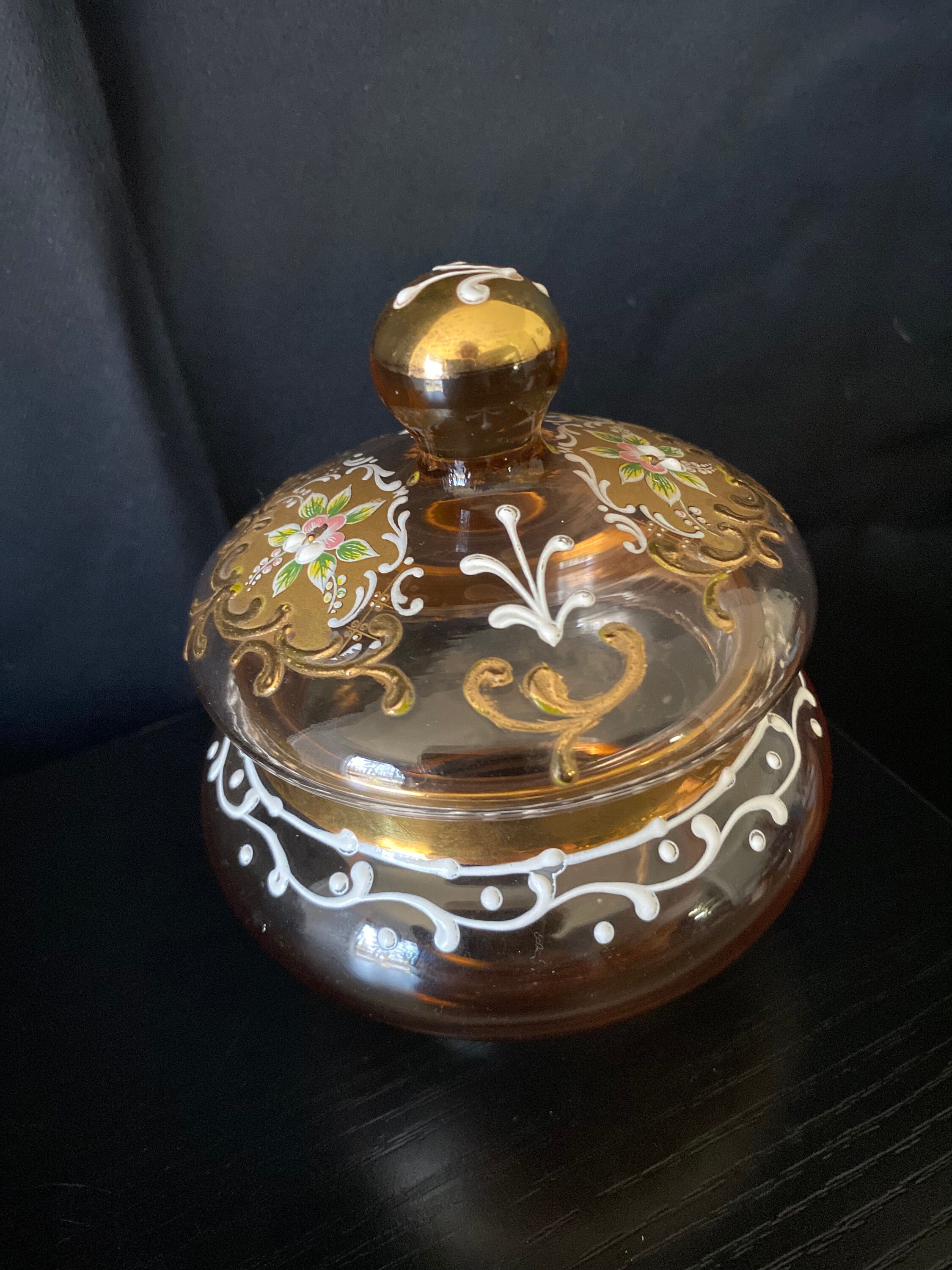 Vintage Small Amber Colored Glass Container W/ Lid. Bohemian, Hand ...