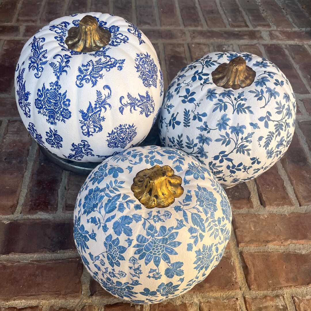Blue & White Decoupage Faux Pumpkins for Chinoiserie Chic, Fall Wedding ...