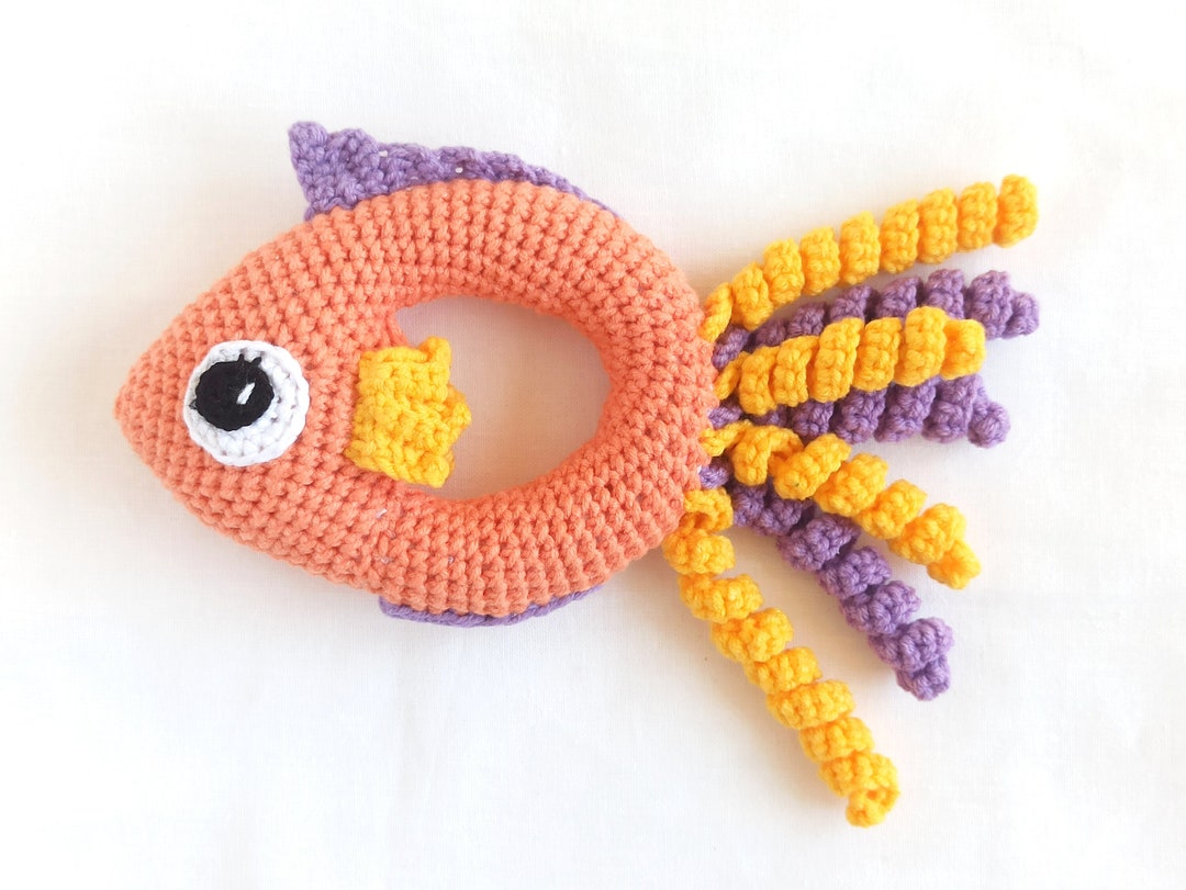 Baby Rattle Fish Toy, Crochet Rattle, Baby Teething Ring, Montessori ...