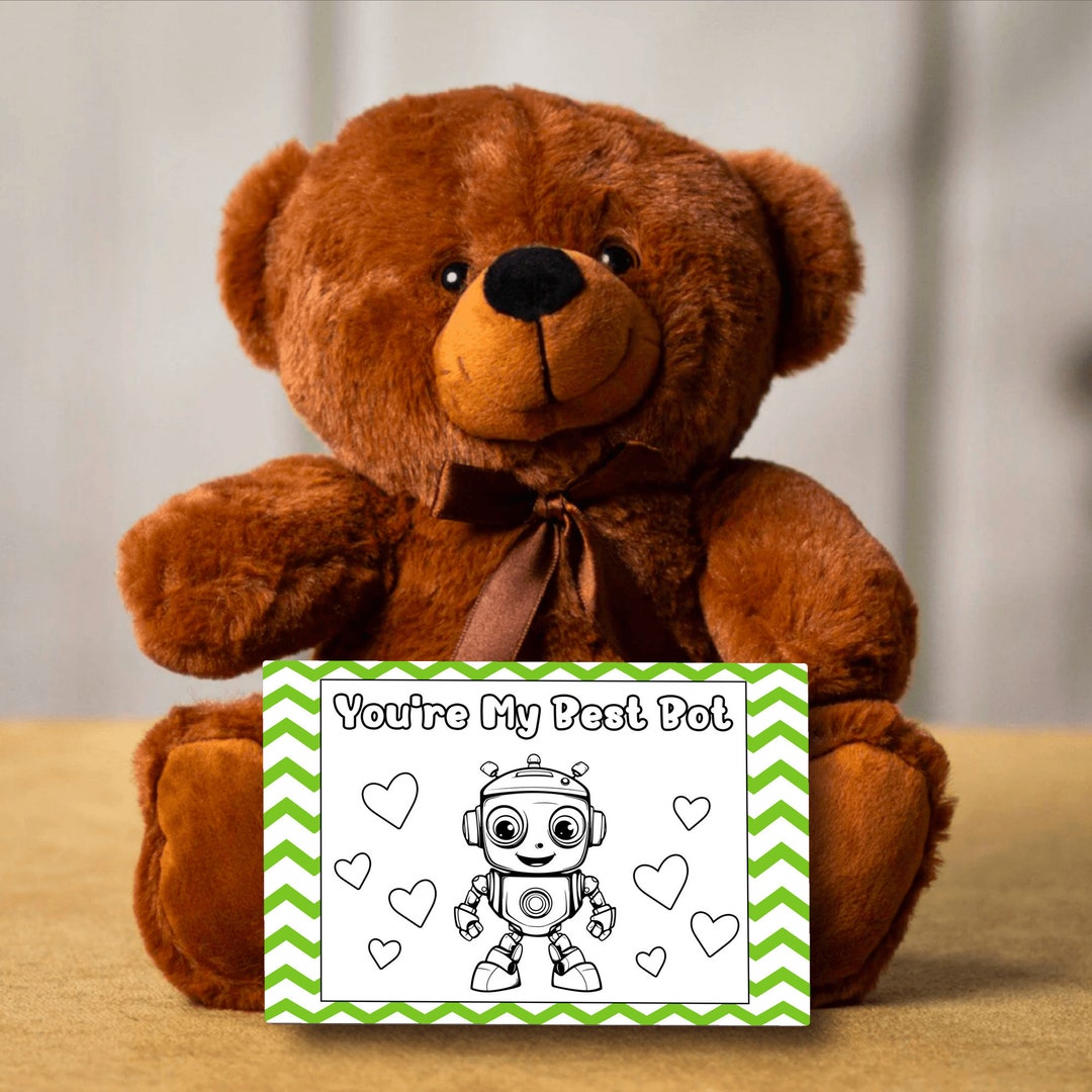 Teddy Bear With Robot Coloring Card, Cute Plushie, Birthday Gift ...