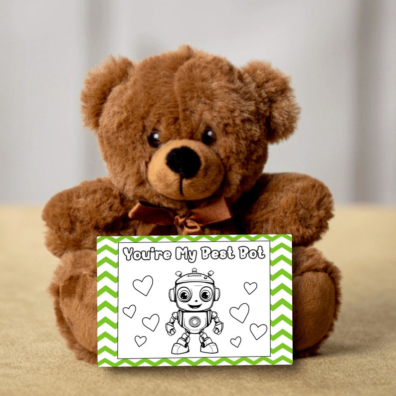 Teddy Bear With Robot Coloring Card, Cute Plushie, Birthday Gift ...