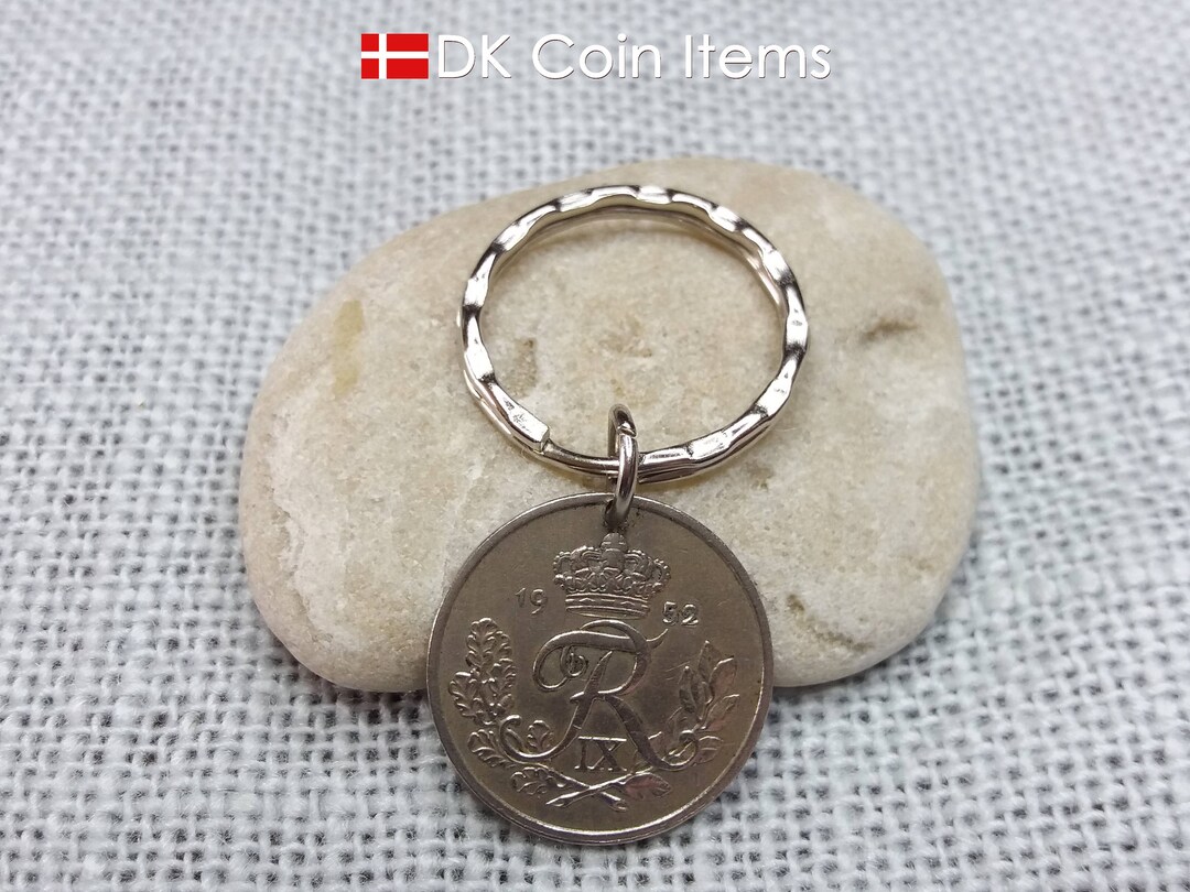 Denmark 1952 Coin Keychain. 72 Year Old Coin Pendant. Initial R 25 Ore ...