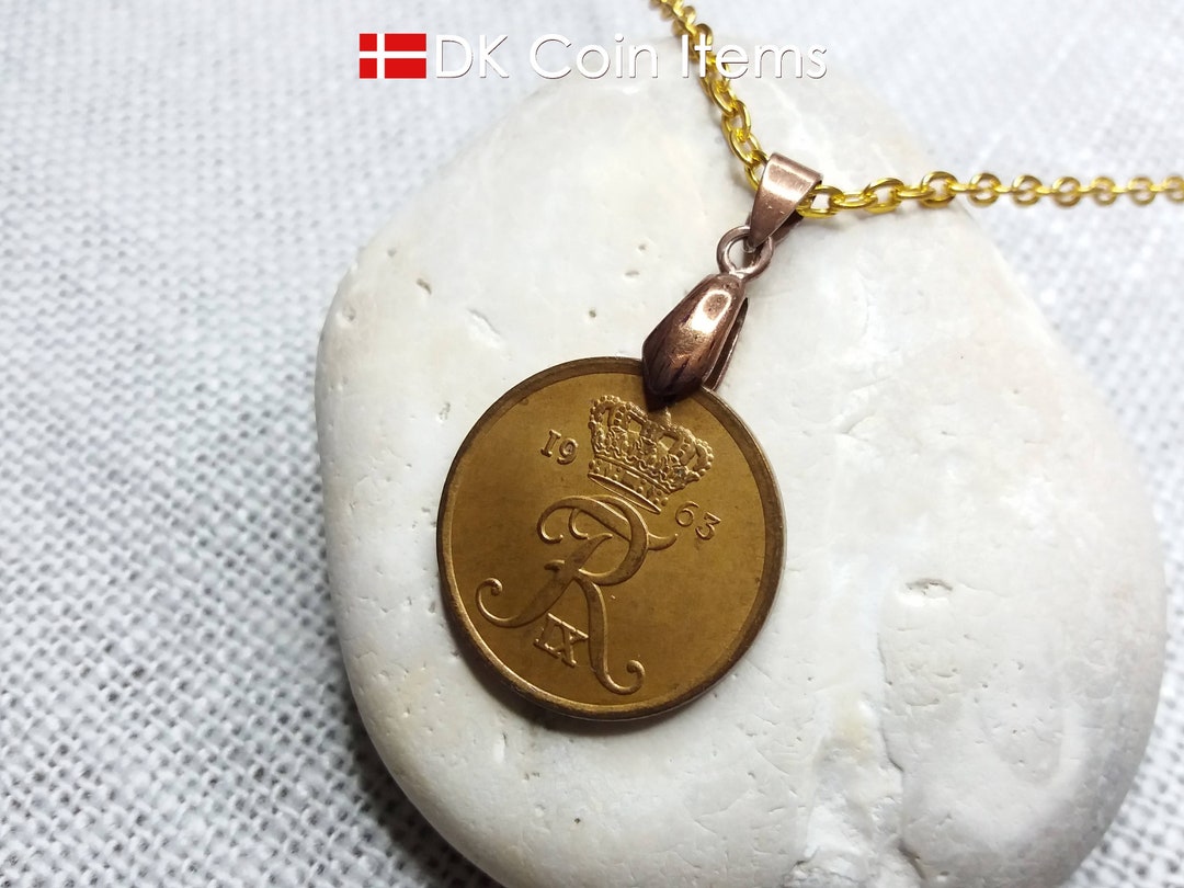 Denmark 1963 Coin Necklace Crowned Initial R Coin Pendant Danish 5 Ore ...