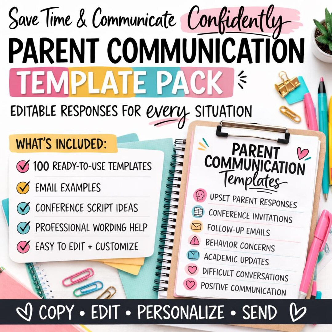 Parent Communication Template Pack for Teachers-100 Customizable ...