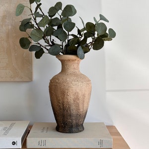 Rustic Vase, 12'' Tall, Aged Vessel With Texture, Beige and Black Vase ...