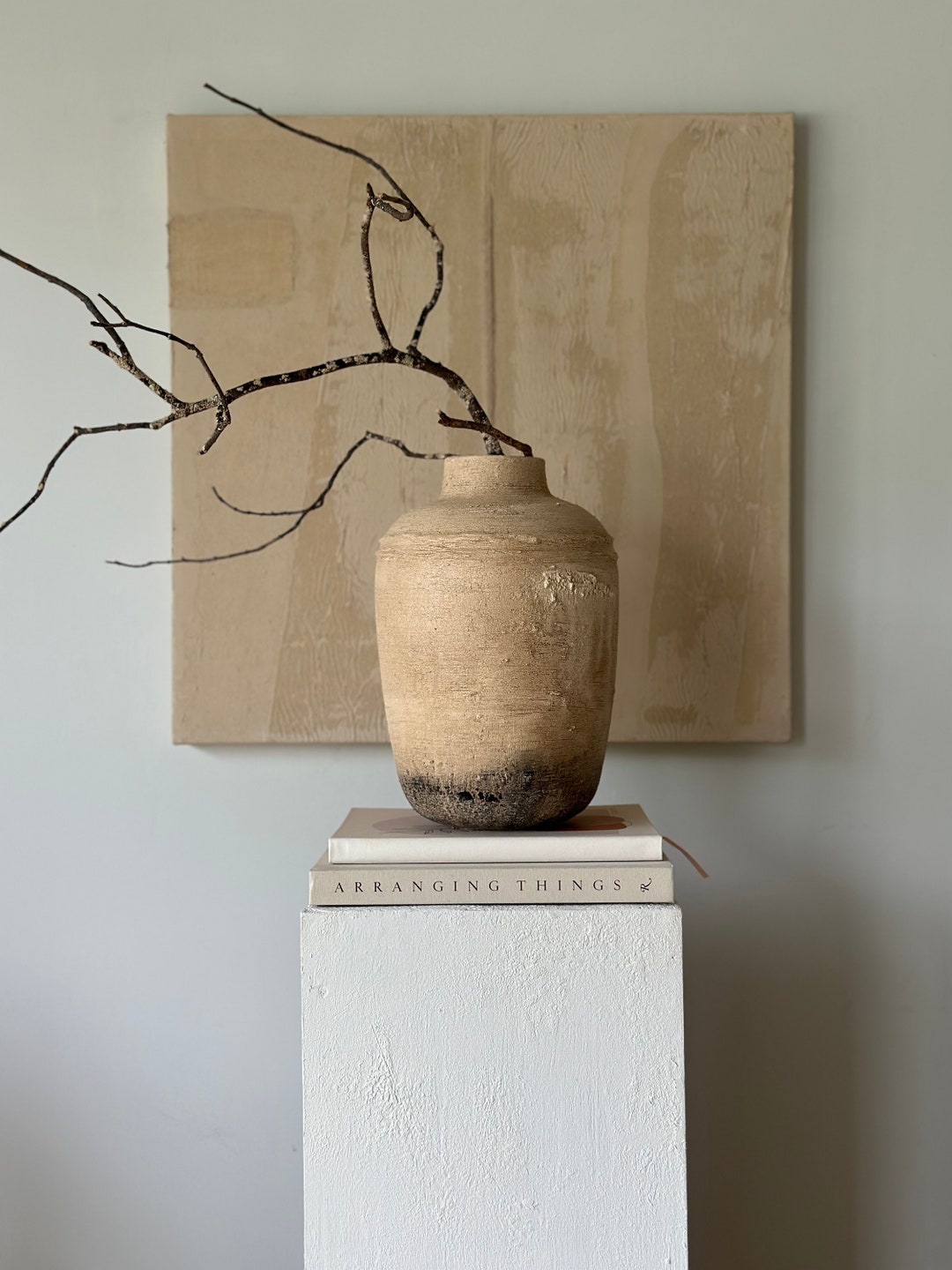 Aged Vessel, Stone Textured Vase, 12'' Tall, Rustic Artisan Vase, Hand ...