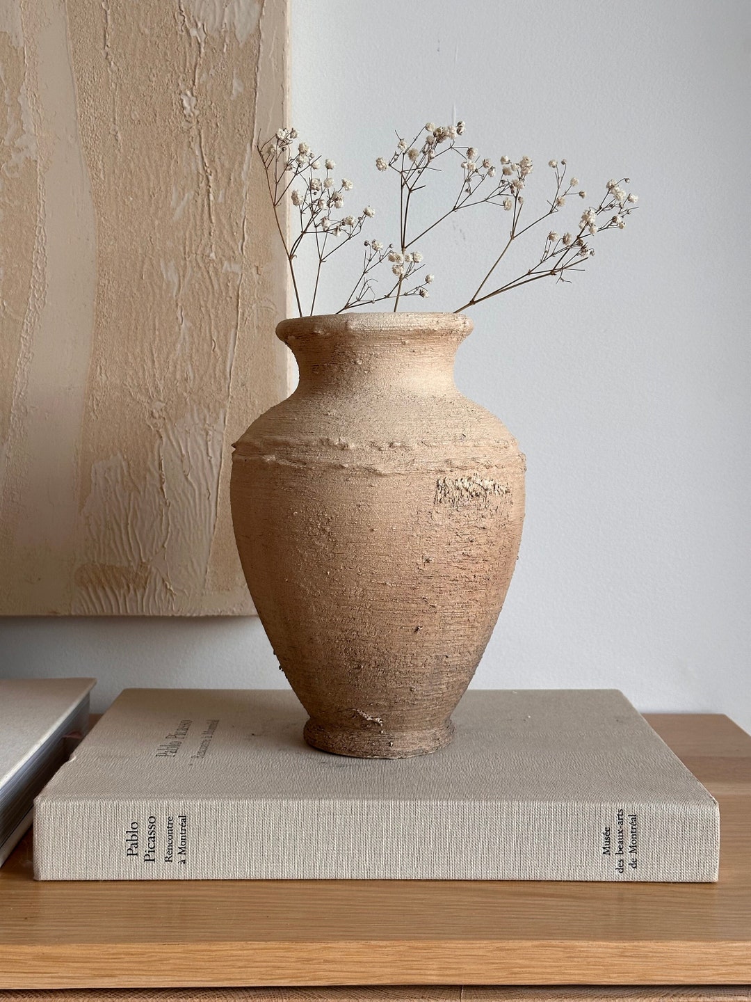 Rustic Vase, 9'' Tall, Aged Vessel With Texture, Beige and Black ...
