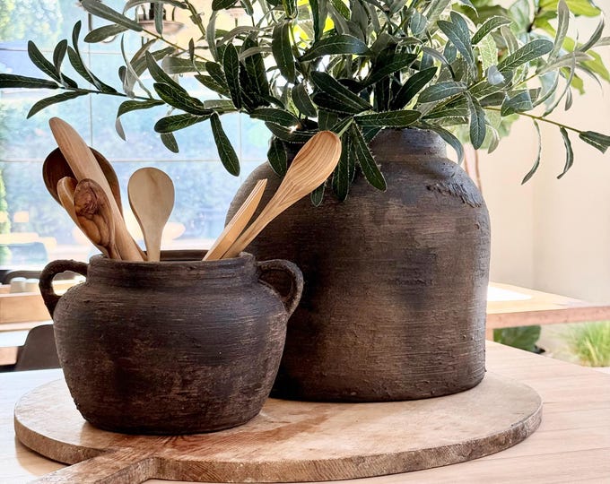 Rustic Black Vase 10'' Tall, Aged Vessel, Artisan Hand Painted Vase ...