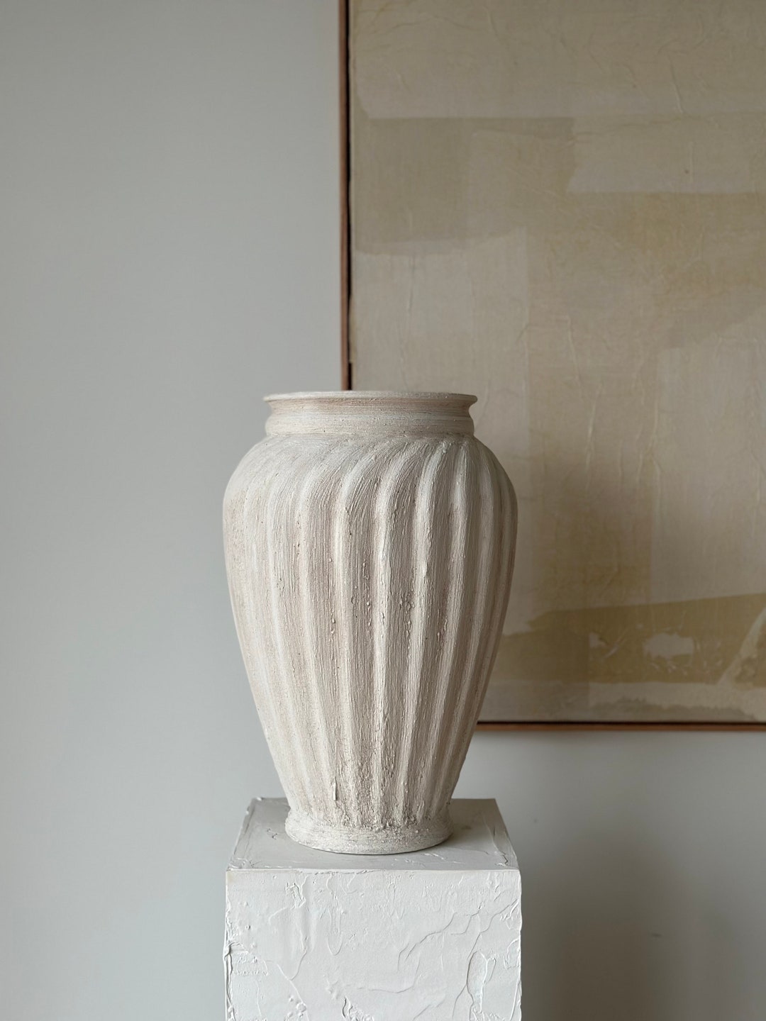 Floor Vase, White Matte Vase, Aged Vessel, 16'' Tall, Hand Painted ...