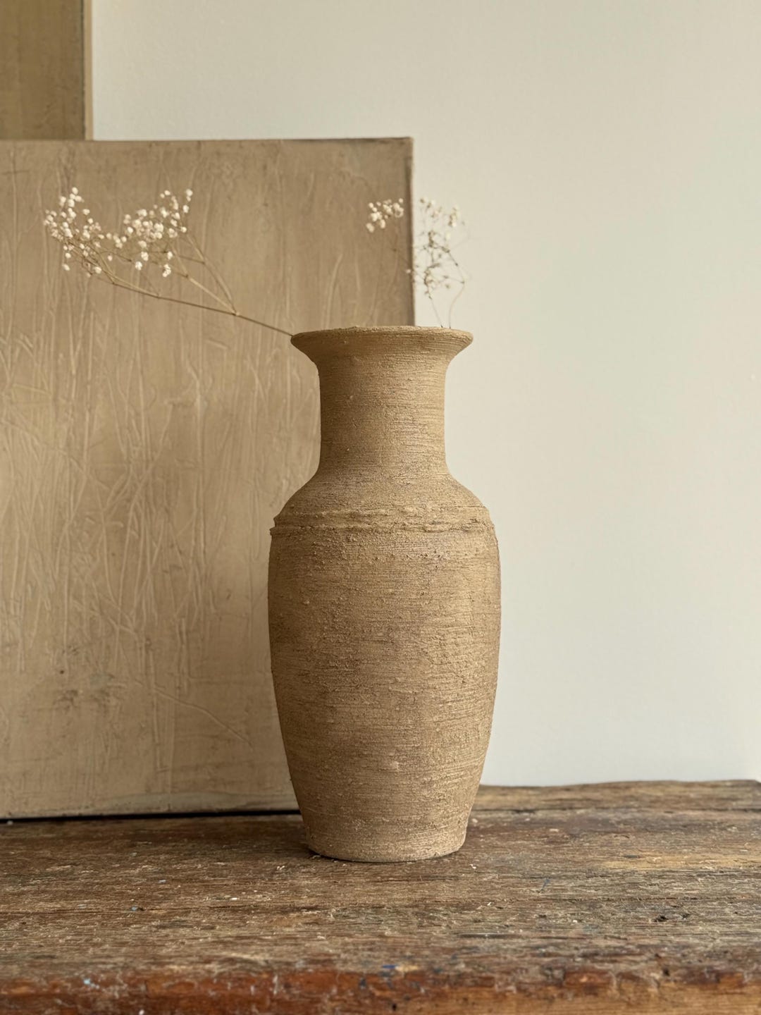 Rustic Floor Vase – 15.5'' Beige Hand-painted Mediterranean Olive Jar ...