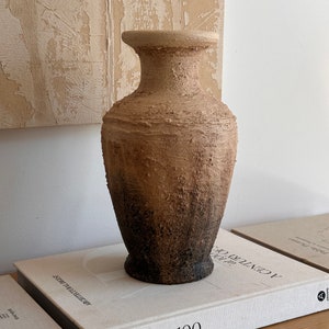 Rustic Vase, 12'' Tall, Aged Vessel With Texture, Beige and Black Vase ...