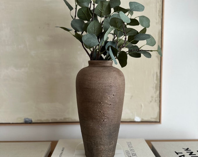Aged Vessel, Stone Textured Vase, 12'' Tall, Rustic Artisan Vase, Hand ...