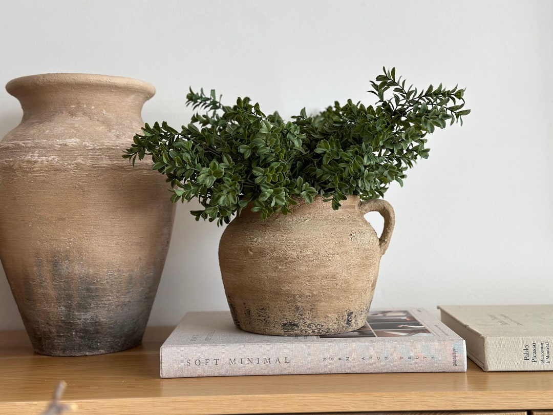 Beige Matte Vase, Rustic Jug With Handle 9'' Wide, Wabi-sabi Vase, Hand Painted Vase, Distressed ...