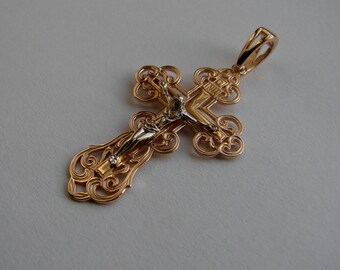 60s Vintage 14K Rose Gold Orthodox Cross Charm Pendant Unique Engraved ...