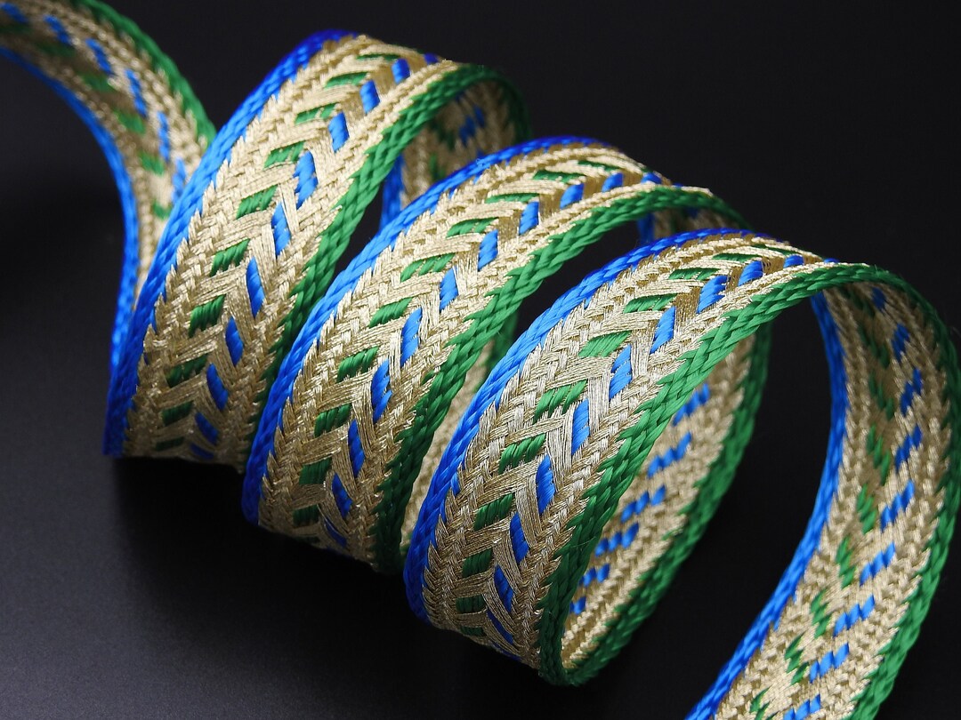 Multicolored Ribbon Braid 20mm, Gold Metallic Thread Braid Blue Green ...