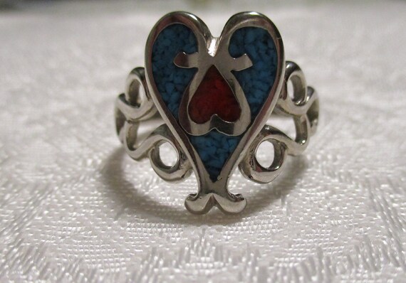 Turquoise and Coral Chip Heart inside Heart Shaped Ri… - Gem