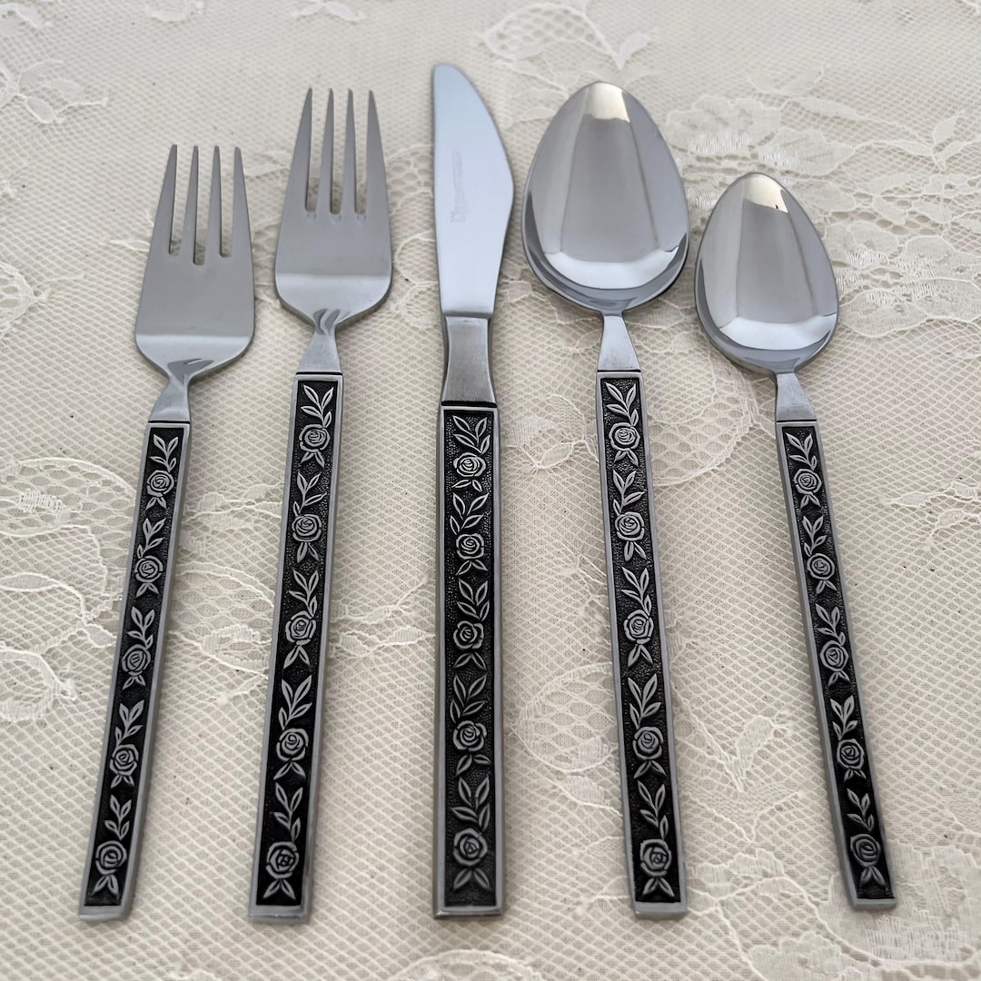 70-pc. Stainless MCM Flatware Set by Eldan/roses on Black Handle ...