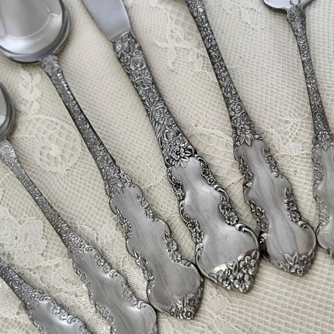 54-pc. Mid-century Stainless Steel Embossed Floral Flatware Set Made in ...