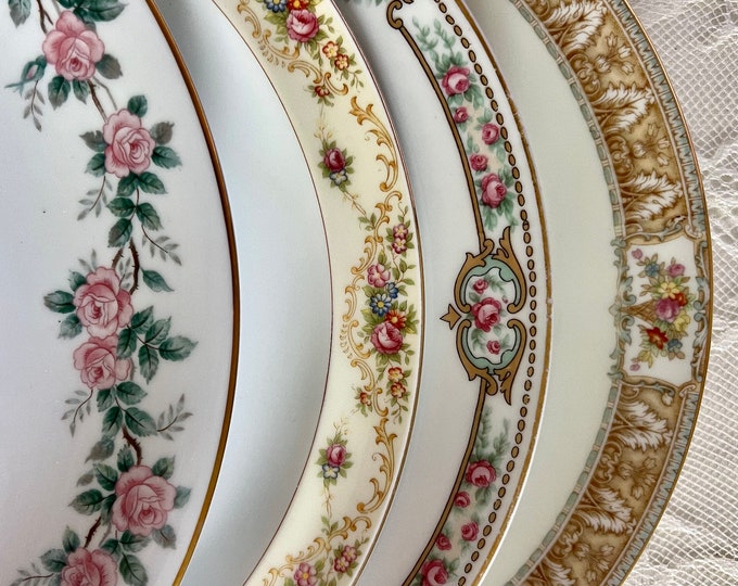 4 Mismatched Dinner Plates/vintage/pink Floral Patterns With Gold Gilt ...
