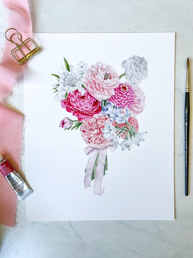 Baby Pink Bouquet WATERCOLOR Print Handmade Home Decor - Etsy