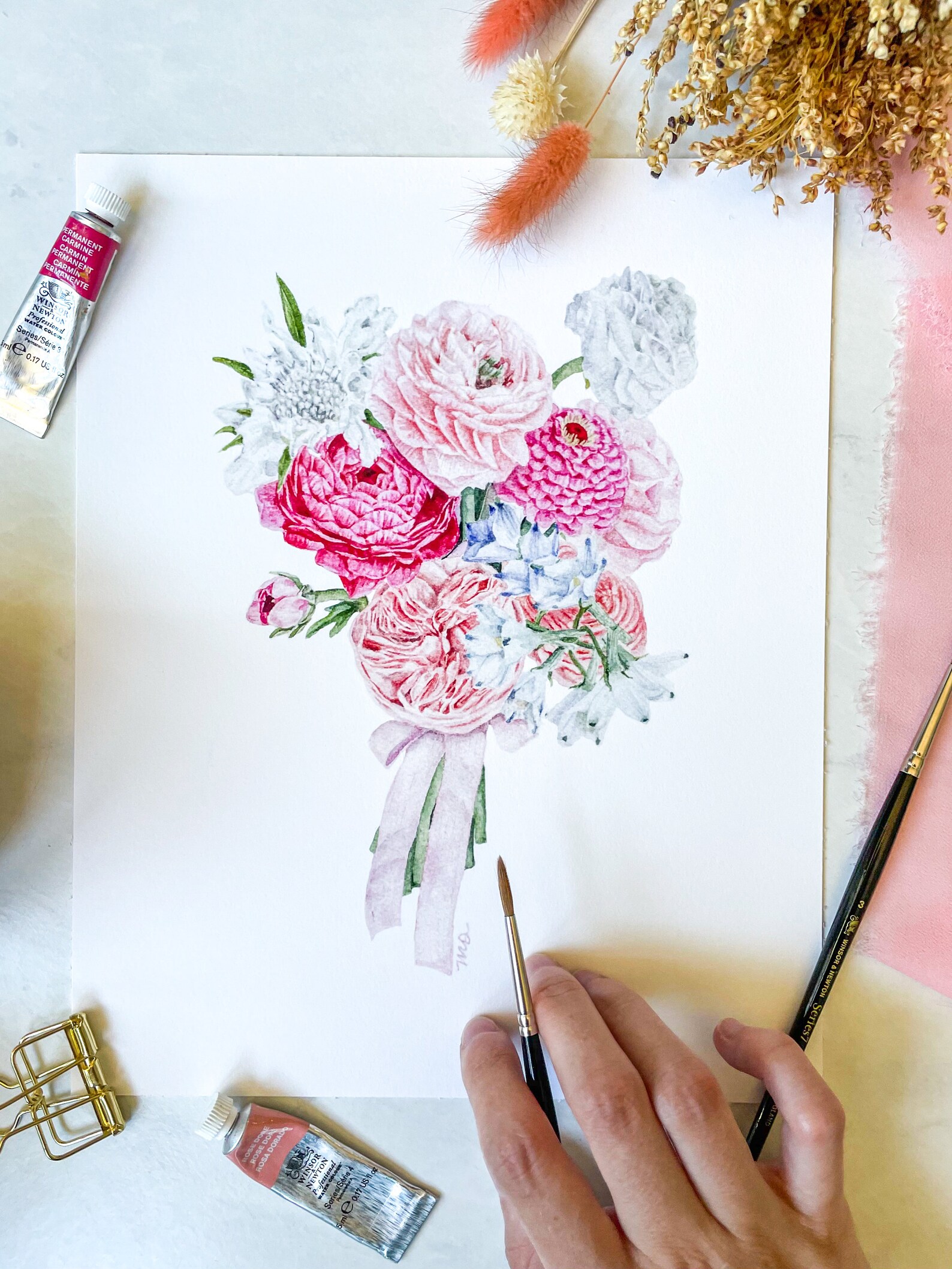 Baby Pink Bouquet, WATERCOLOR Print, Handmade, Home Decor, Botanical ...