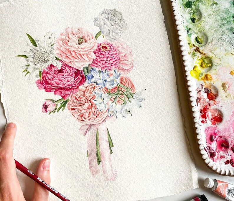 Baby Pink Bouquet WATERCOLOR Print Handmade Home Decor - Etsy