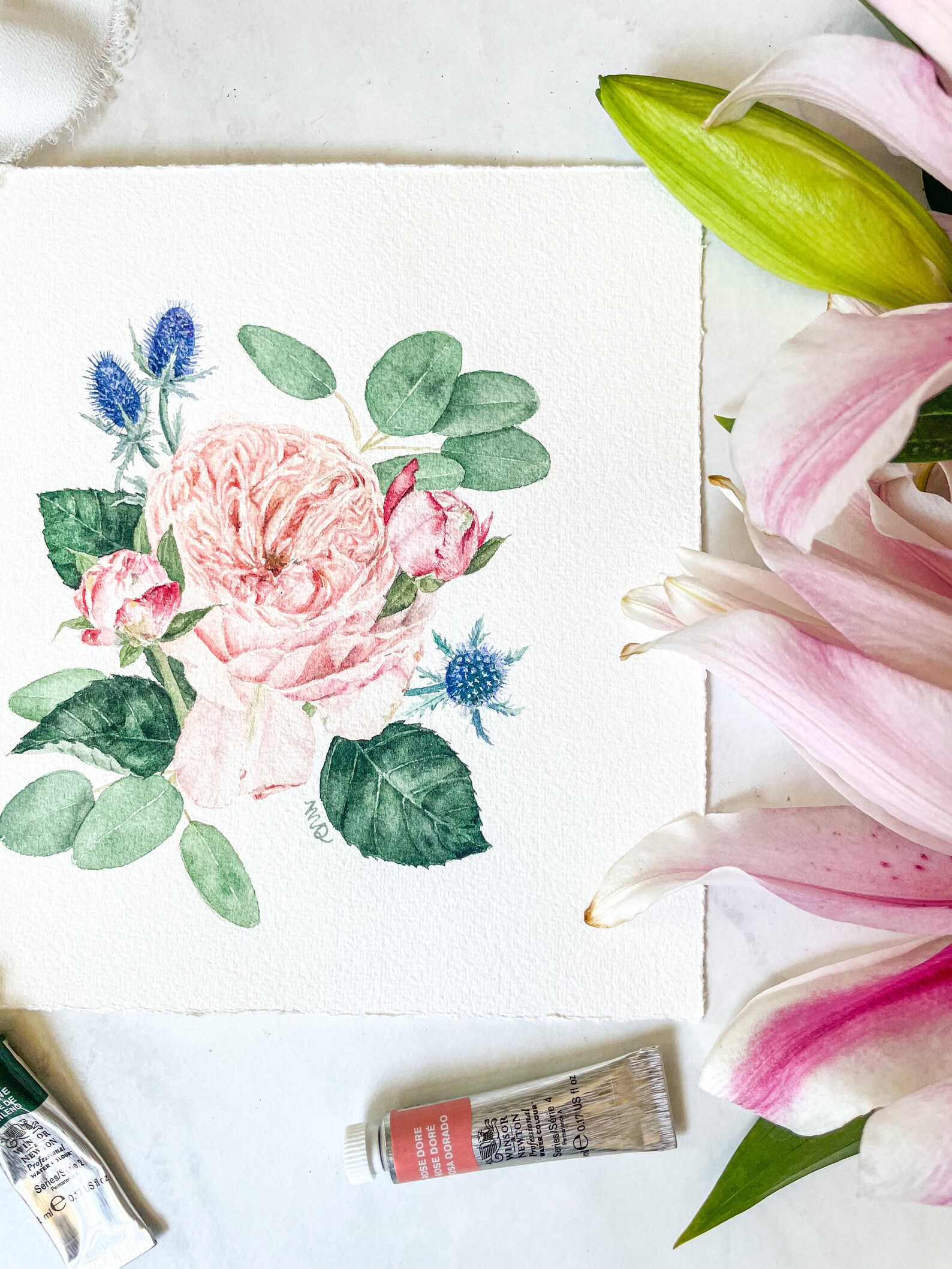 Delicate, Rose & Thistle Painting, WATERCOLOR Florals Print, Botanical ...