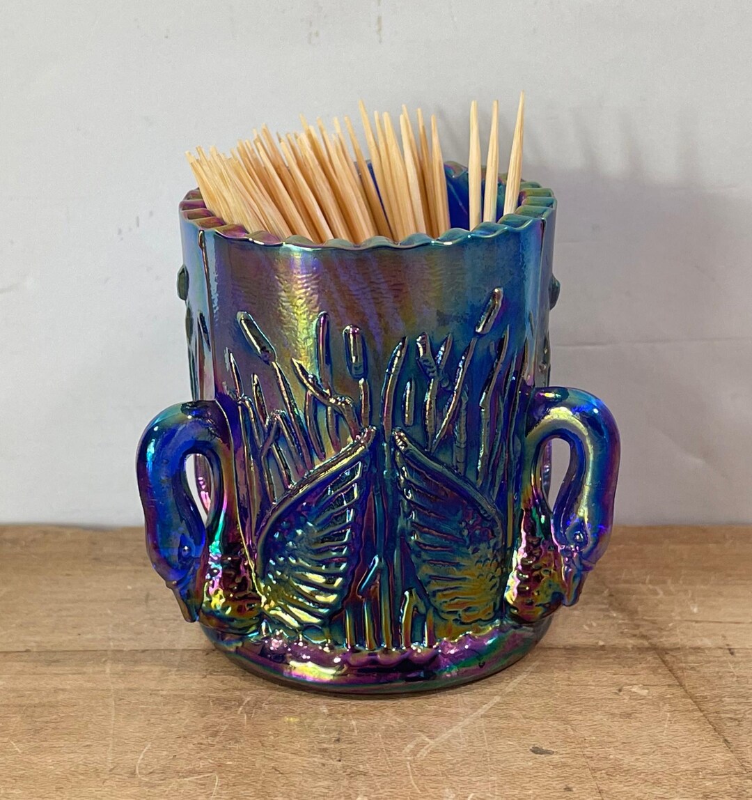 Blue Carnival Glass 3 Swan With Cattails Toothpick Holder - Etsy