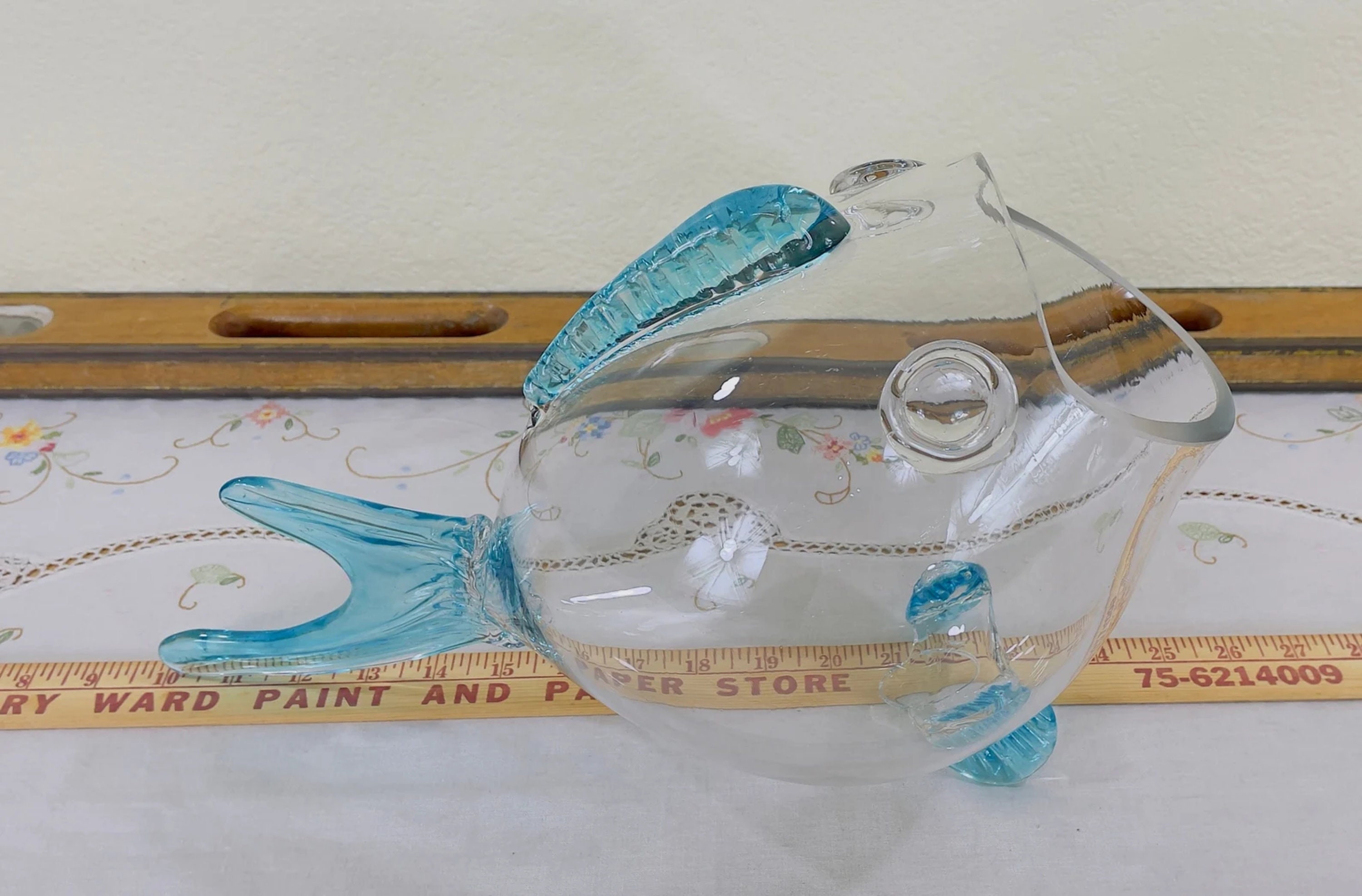 Glass Fish Bowl, Blenko Style Fish Shaped Bowl With Aqua Blue Fins - Etsy