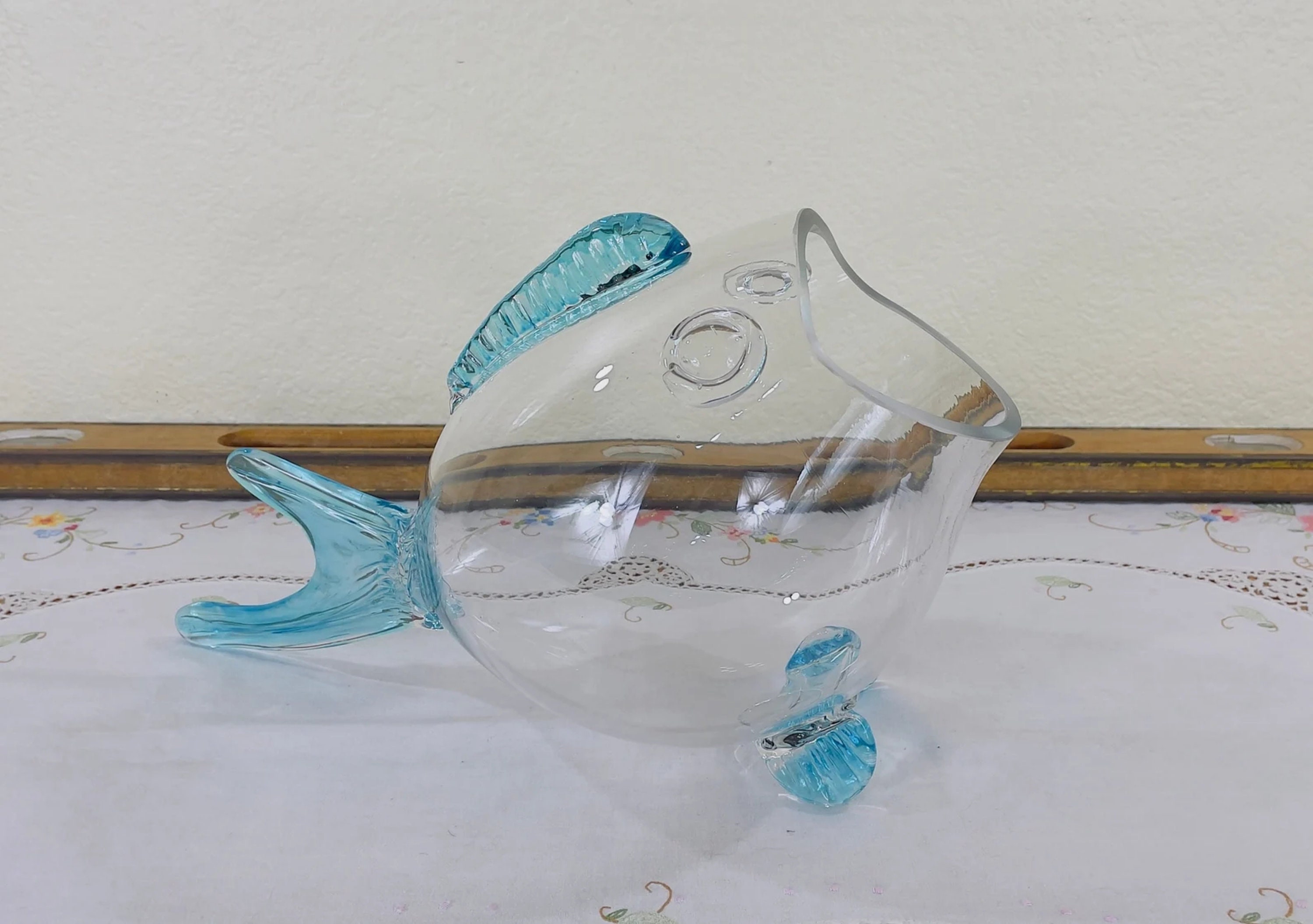 Glass Fish Bowl, Blenko Style Fish Shaped Bowl With Aqua Blue Fins - Etsy