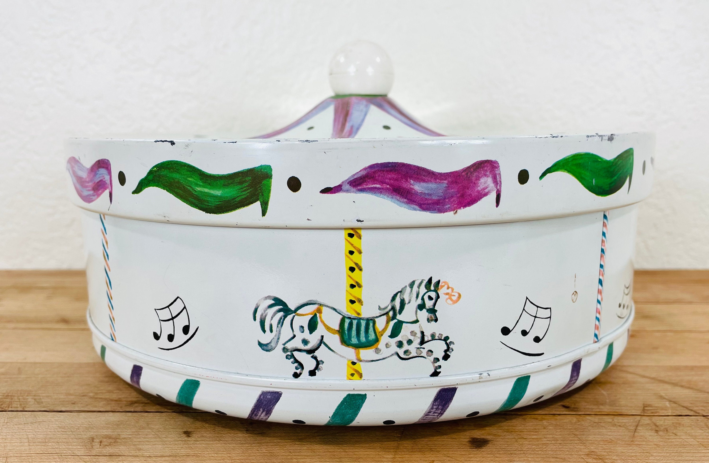 Metal Cookie Tin by Guildcraft New York, USA Circus Tent Carousel Merry ...