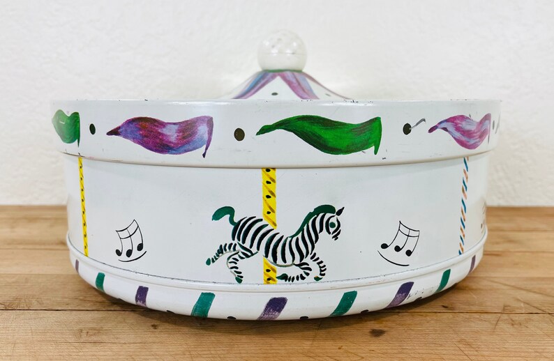 Metal Cookie Tin by Guildcraft New York, USA Circus Tent Carousel Merry ...