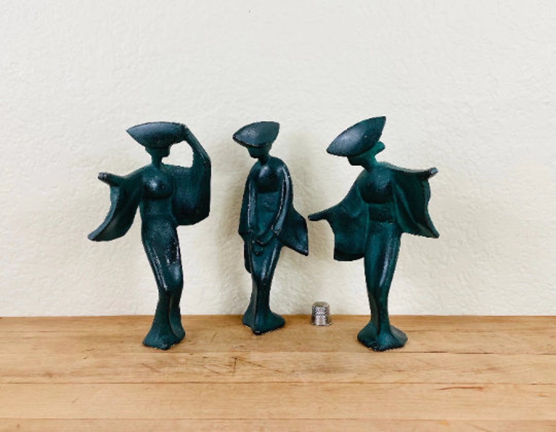 Japanese Geisha Dancing Cast Iron Mid-century 7 Figures of Verdigris ...