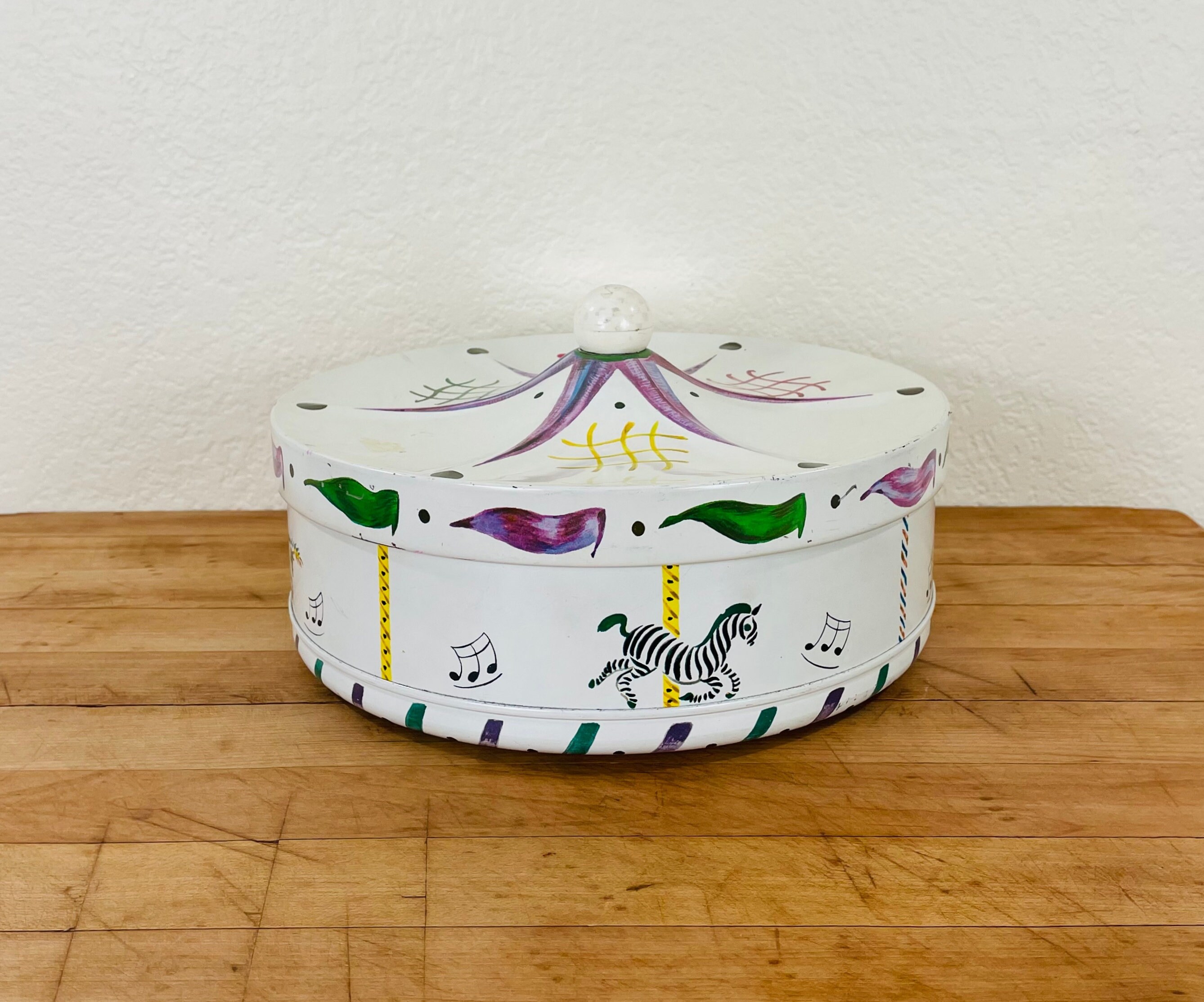 Metal Cookie Tin by Guildcraft New York, USA Circus Tent Carousel Merry ...
