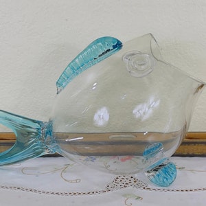 Glass Fish Bowl, Blenko Style Fish Shaped Bowl With Aqua Blue Fins - Etsy