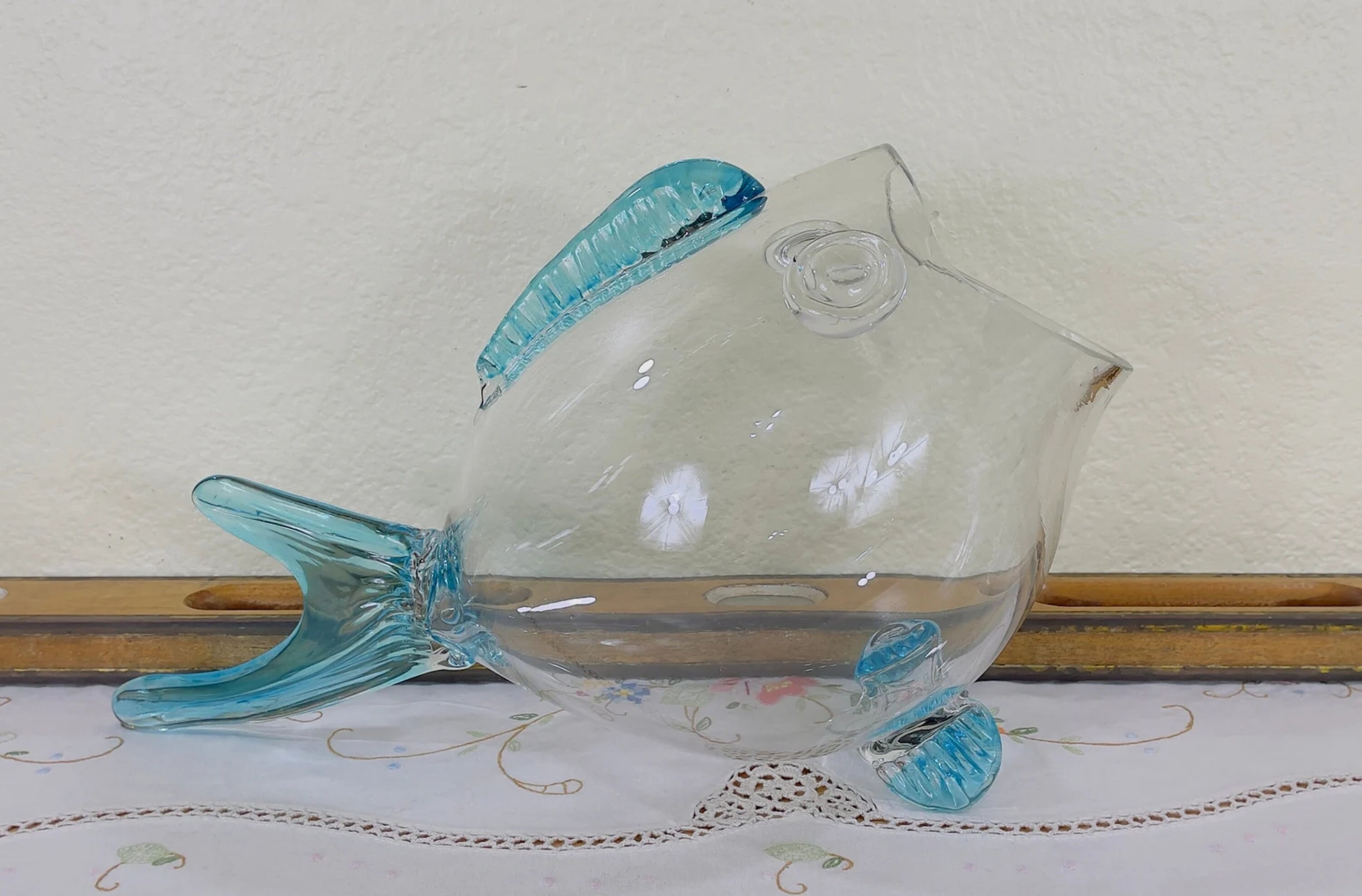 Glass Fish Bowl, Blenko Style Fish Shaped Bowl With Aqua Blue Fins - Etsy
