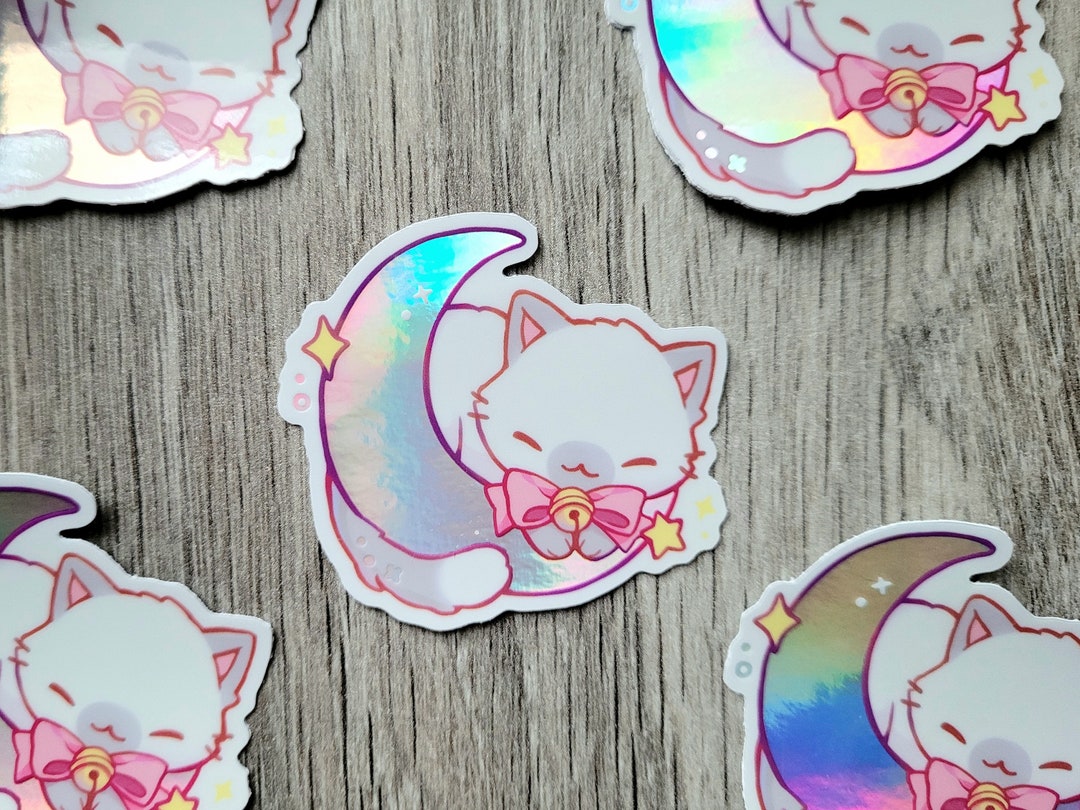Moon Cat Holographic Stickers 2" | Magic Sleepy Animal Kitten Star Sky ...