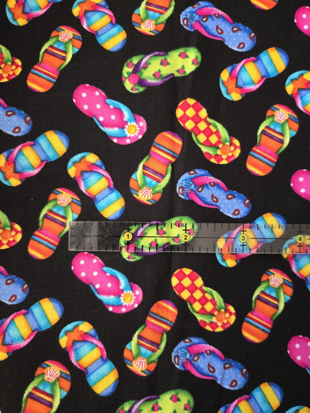 2 Yards Multi Color Flip Flops on Black Background - Quilting Cotton ...