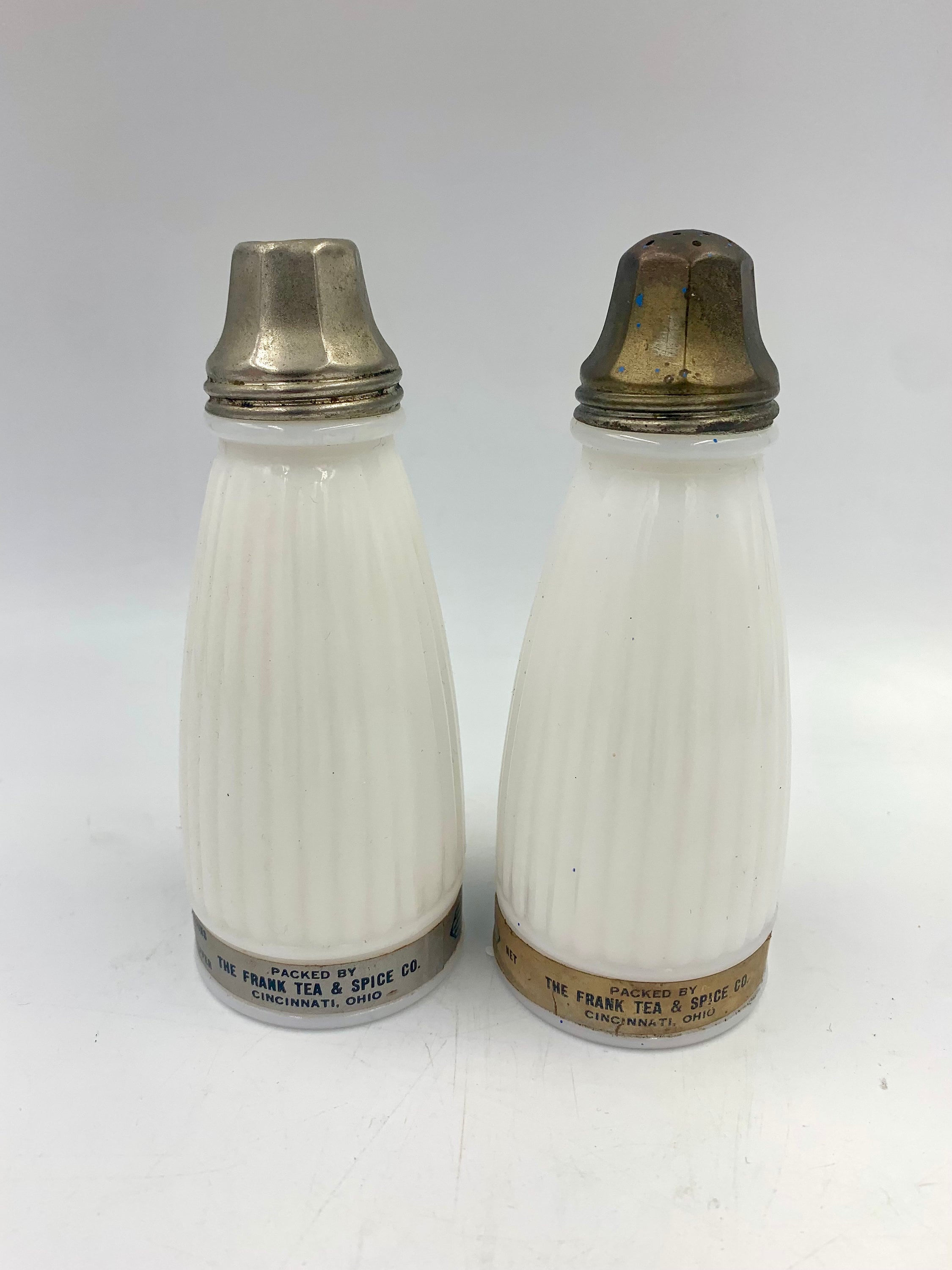 Frank Tea and Spice Company Salt and Pepper Shakers Ribbed Milk Glass ...