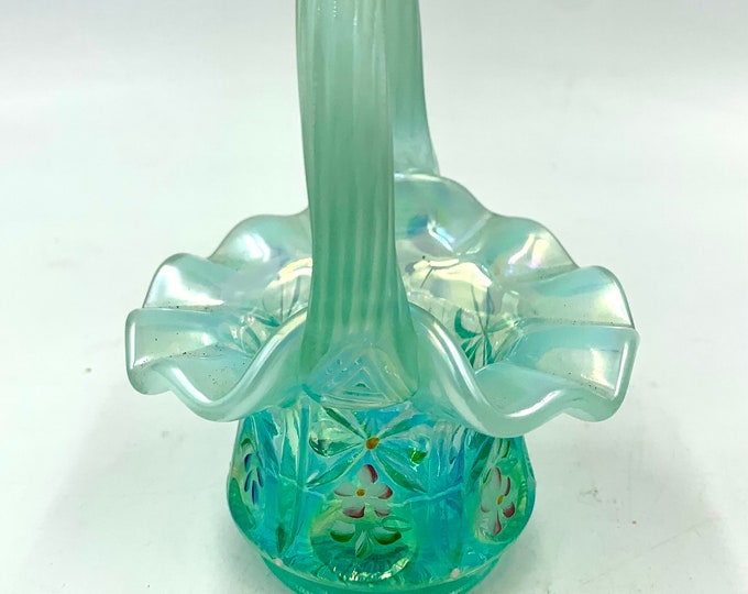 Fenton Mini Iridescent Blue Aqua Hand Painted Floral Basket Signed C ...