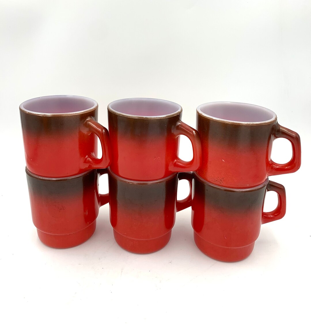 Set of Six Fire King Red and Brown Stackable Coffee Mugs Anchor Hocking ...