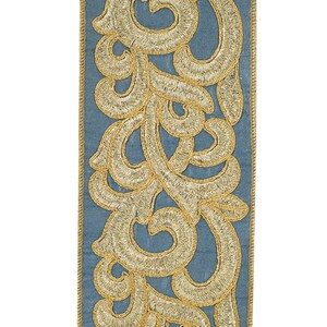 4” French Blue Scroll Embroidery Metallic Dupioni Backed Wired Edge - 5 ...