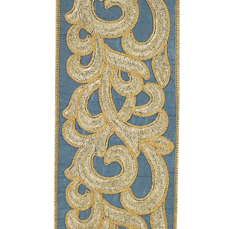 4” French Blue Scroll Embroidery Metallic Dupioni Backed Wired Edge - 5 ...