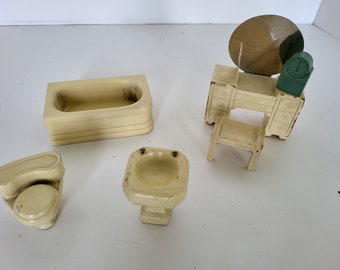 Vintage Wooden Dollhouse Furniture - Strombecker Aqua 6 Piece Bathroom ...