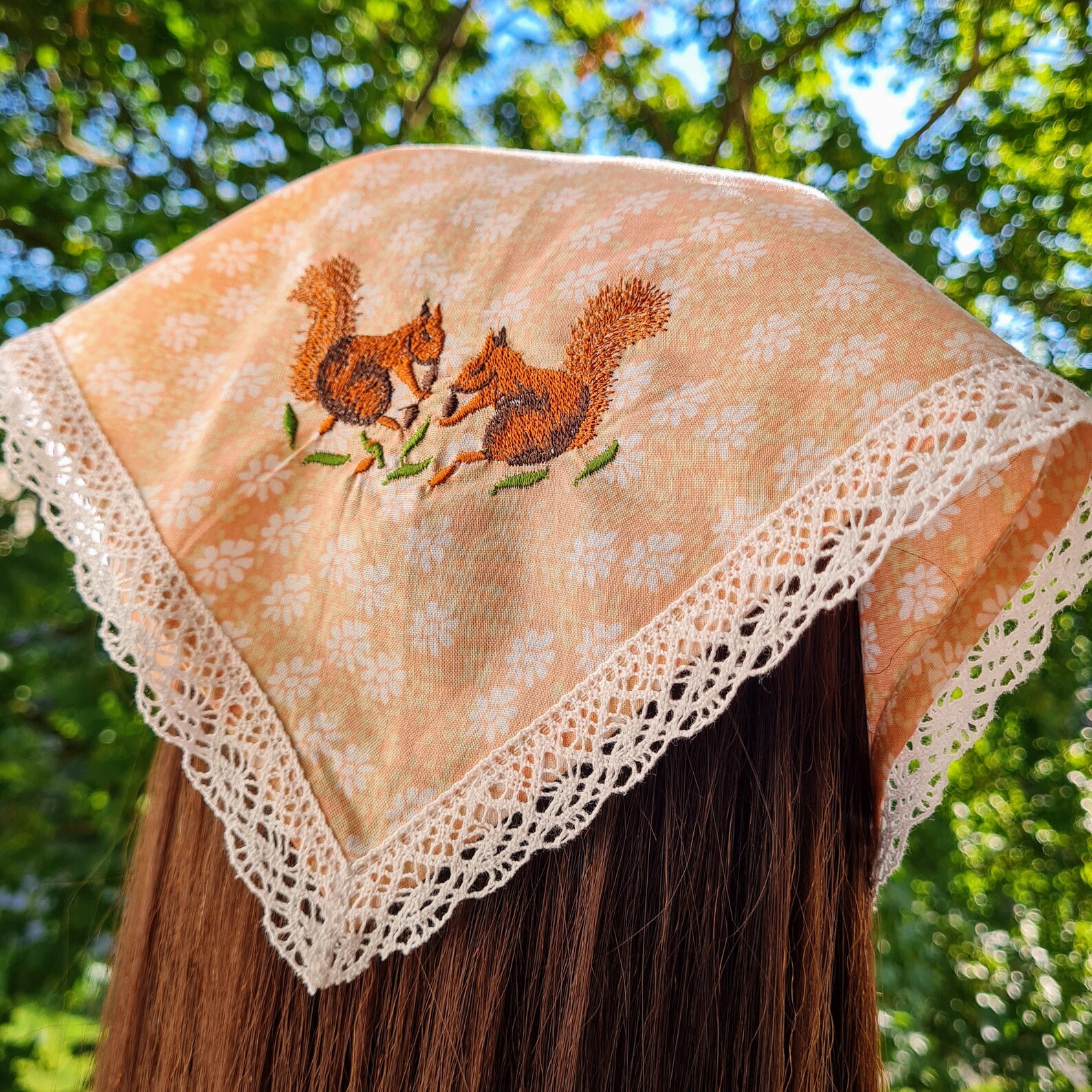 Mushroom Embroidered Bandana/ Triangle Headscarf With Lace and Ties ...