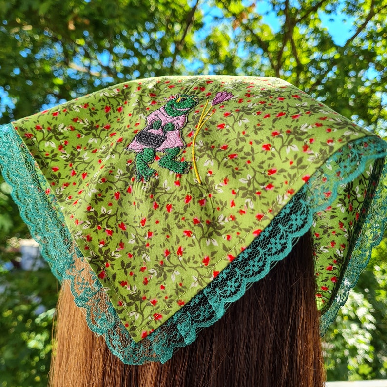 Cute Frog Embroidered Bandana/ Triangle Headscarf With Ties/ Beach Head ...