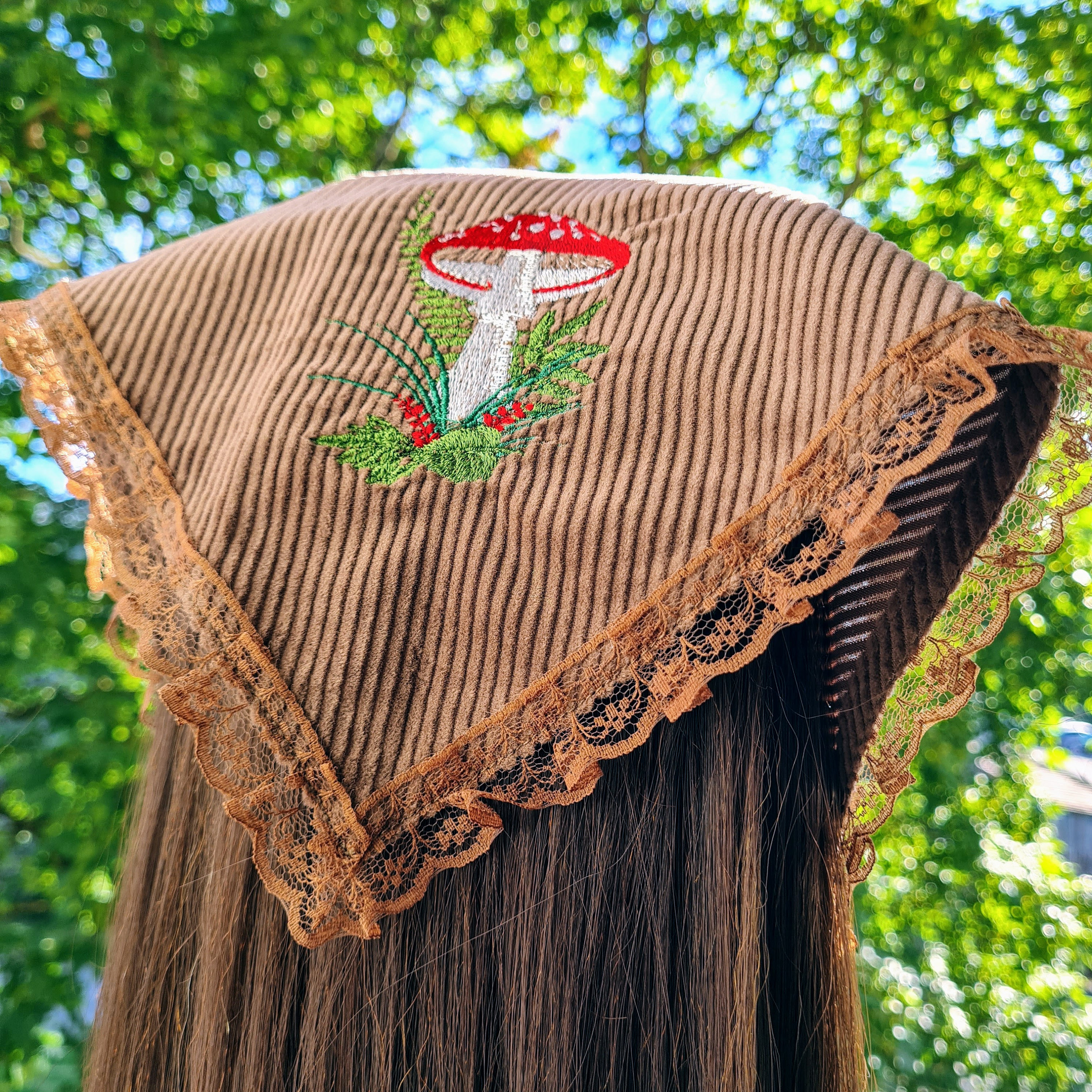 Mushroom Embroidered Bandana/ Triangle Headscarf With Lace and Ties ...